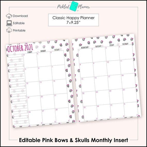 Editable Monthly Pink Bows & Skulls Undated Planner/binder | Etsy