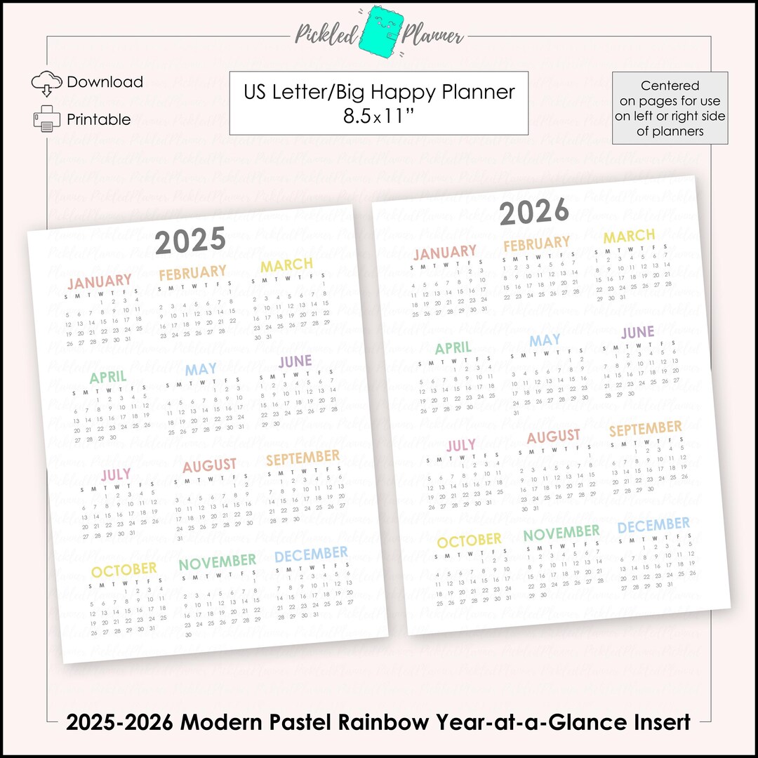 NEW! Centered Modern Pastel Rainbow 2025-2026 Dated Year-at-a-glance ...