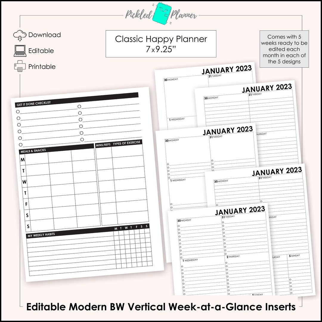 Editable Modern Black & White Undated, Vertical Week-at-a-glance ...