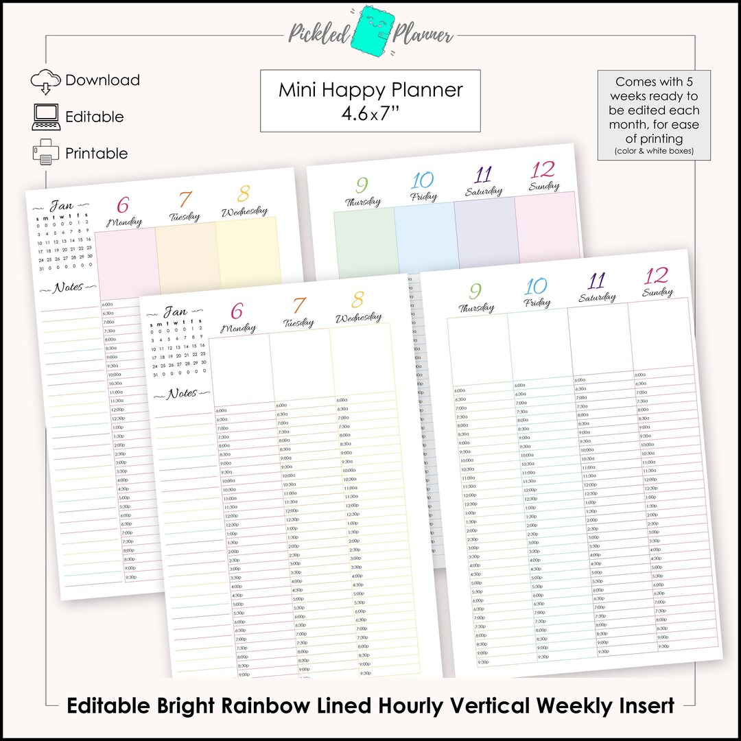 Editable Bright Rainbow Hourly LINED Undated, Vertical Weekly Planner ...