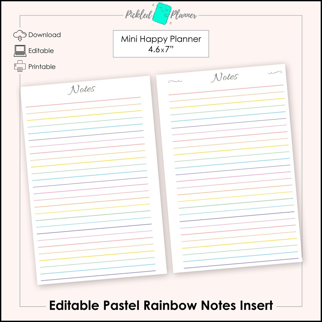 Mini Editable Pastel Rainbow Notes Planner Printable - 4.6x7" Mini ...