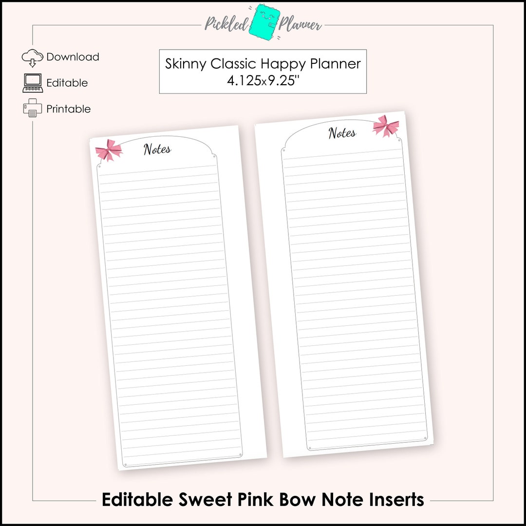 Editable Sweet Pink Bow Planner Notes Printable 4.125x9.25 Skinny ...