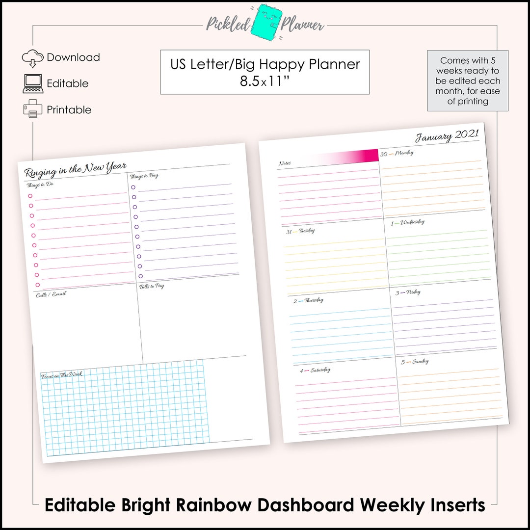 Editable Bright Rainbow Undated, Dashboard Weekly Planner/binder ...