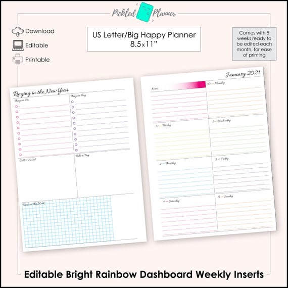 Editable Bright Rainbow Undated Dashboard Weekly - Etsy
