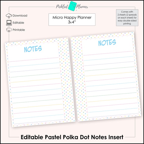 Editable Micro Pastel Dots Notes Planner Printable 3x4 | Etsy