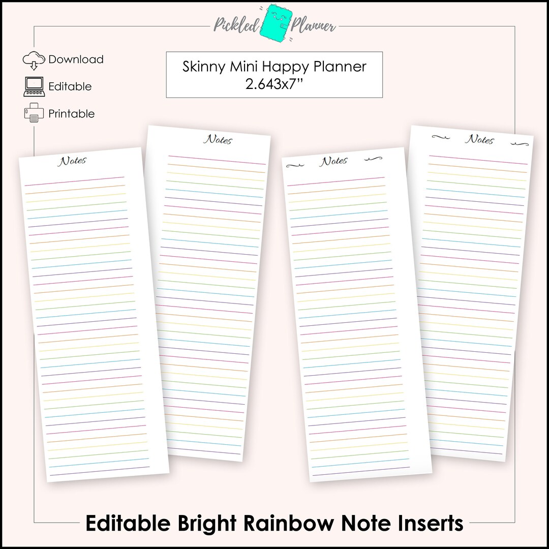 Editable Skinny Mini Bright Rainbow Planner Notes Printables 2.643x7 ...