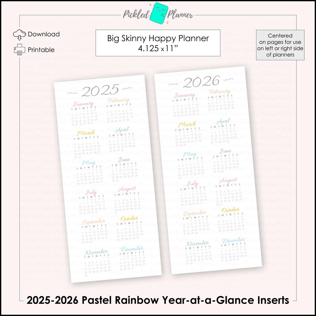 Centered Pastel Rainbow 2025-2026 Dated Year-at-a-glance Month Planner ...