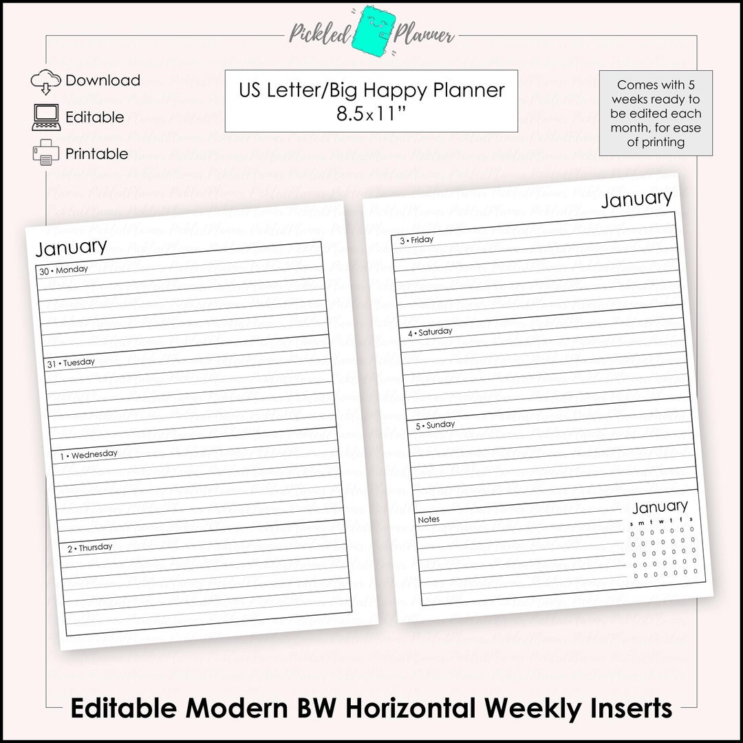 Editable Modern Black & White Undated, Horizontal Weekly Planner/binder ...