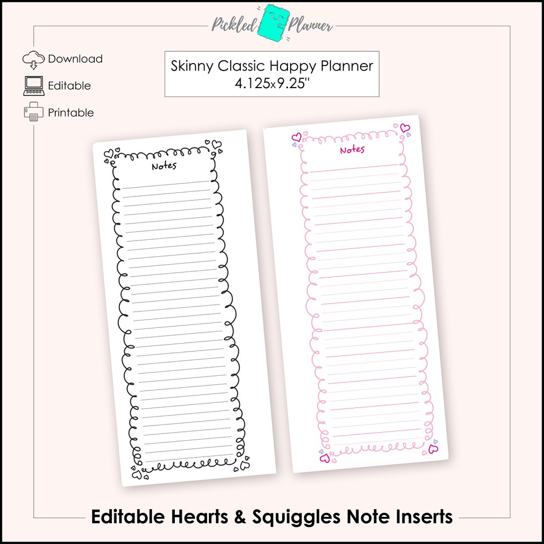 Editable Hearts Squiggles Printable Notes Pages 4.125x9.25 Skinny ...