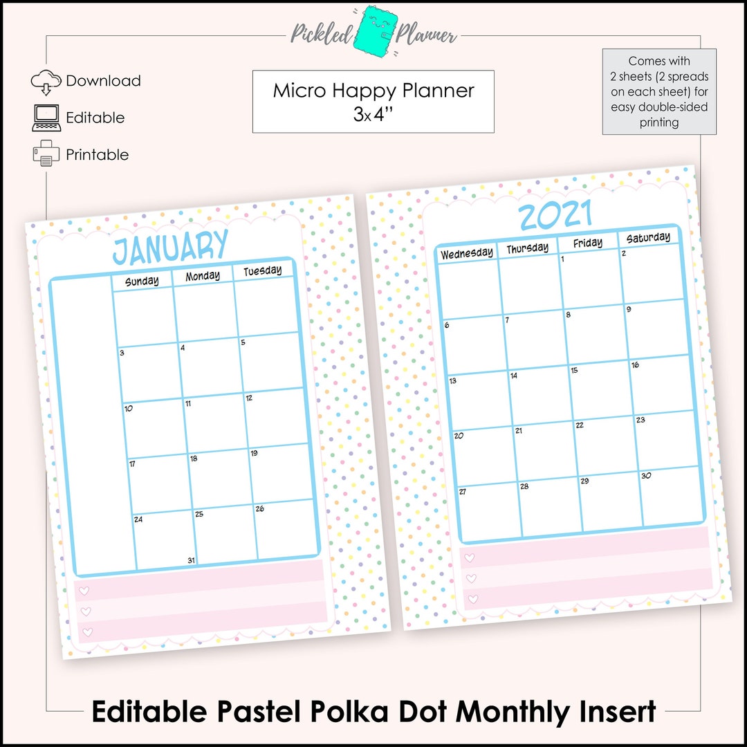 Editable Micro Pastel Dots Undated Monthly Planner Printable - 3x4 ...