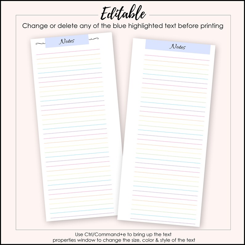 Editable Bright Rainbow Notes Printables - 4.125x9.25" Skinny Classic ...