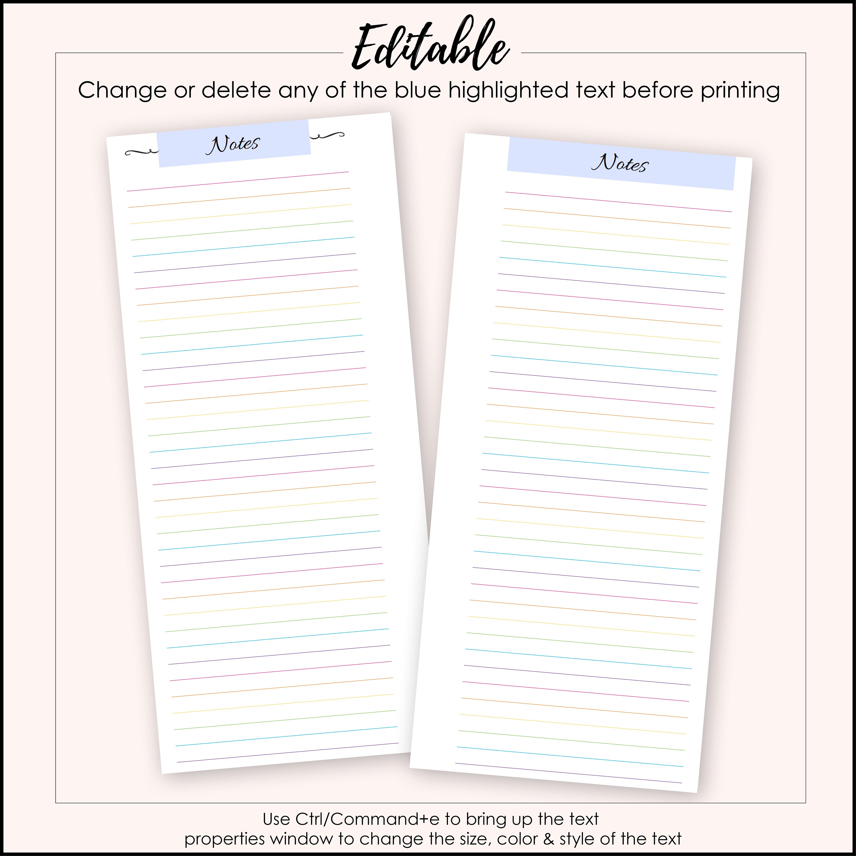 Editable Bright Rainbow Notes Printables - 4.125x9.25" Skinny Classic ...