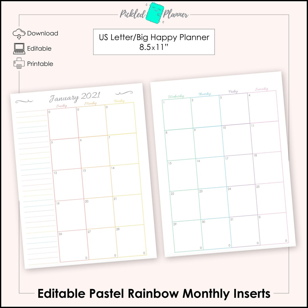 Editable Pastel Rainbow Undated, Monthly Planner/binder Printable - 8 ...