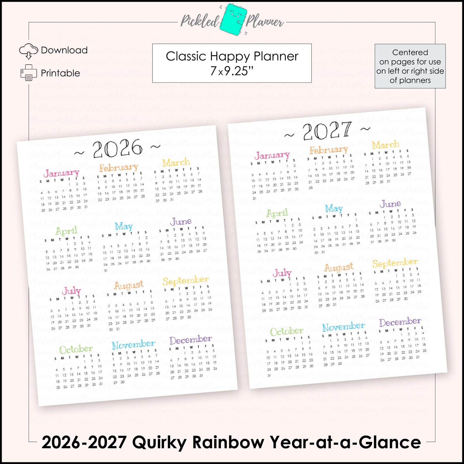 NEW! Centered Classic Quirky Rainbow 2026-2027 Dated Year-at-a-glance ...