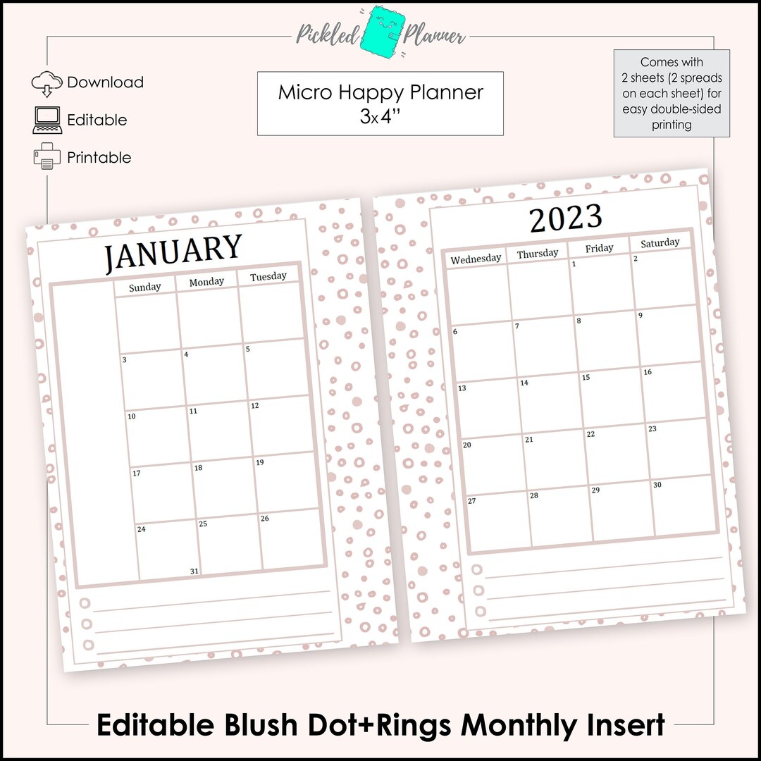 Editable Micro Blush Pink Dots+rings Undated Monthly Planner Printable ...