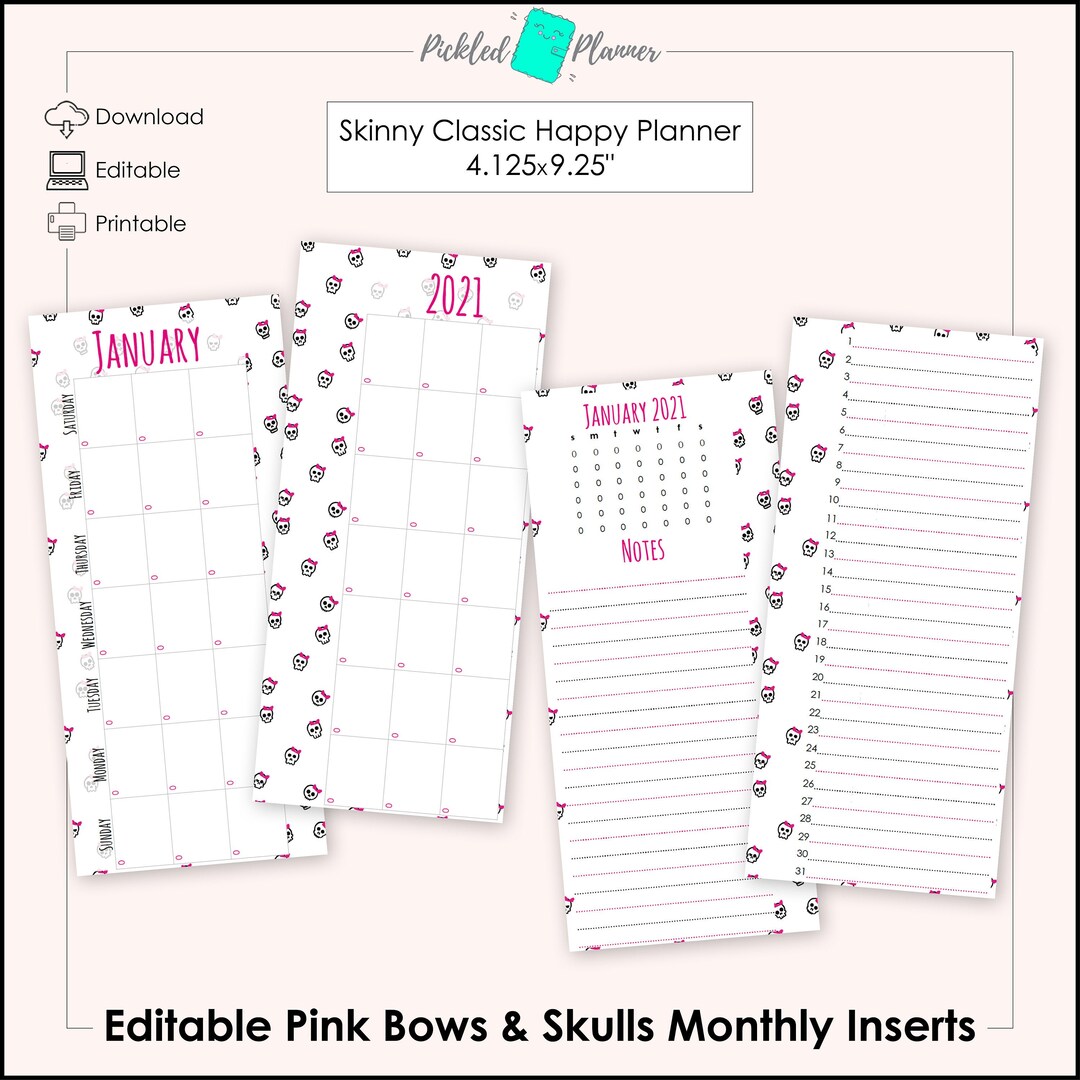 Editable Pink Bows & Skulls Undated, Perpetual Monthly Planner ...
