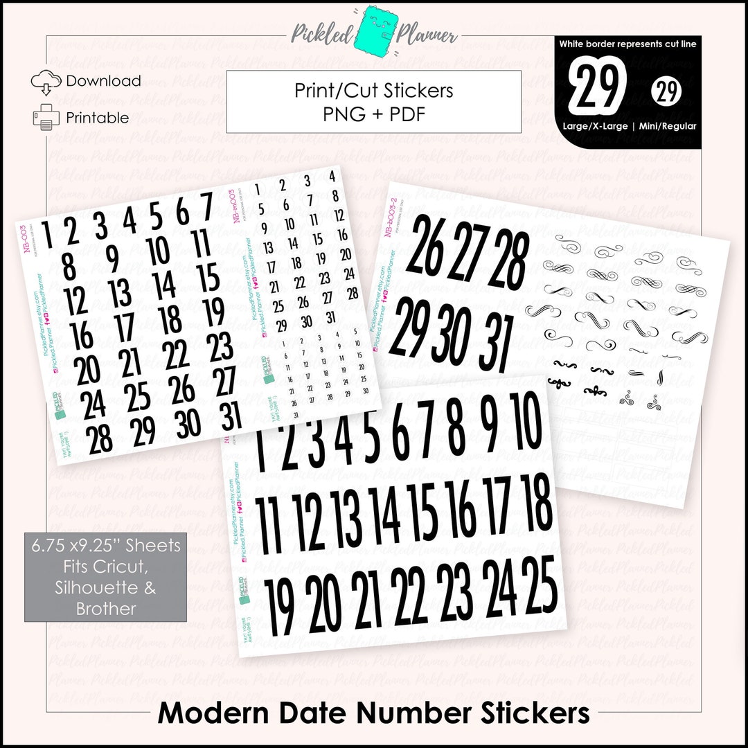Printable Bold Modern Date Number Stickers || Print/cut Sticker Sheets ...
