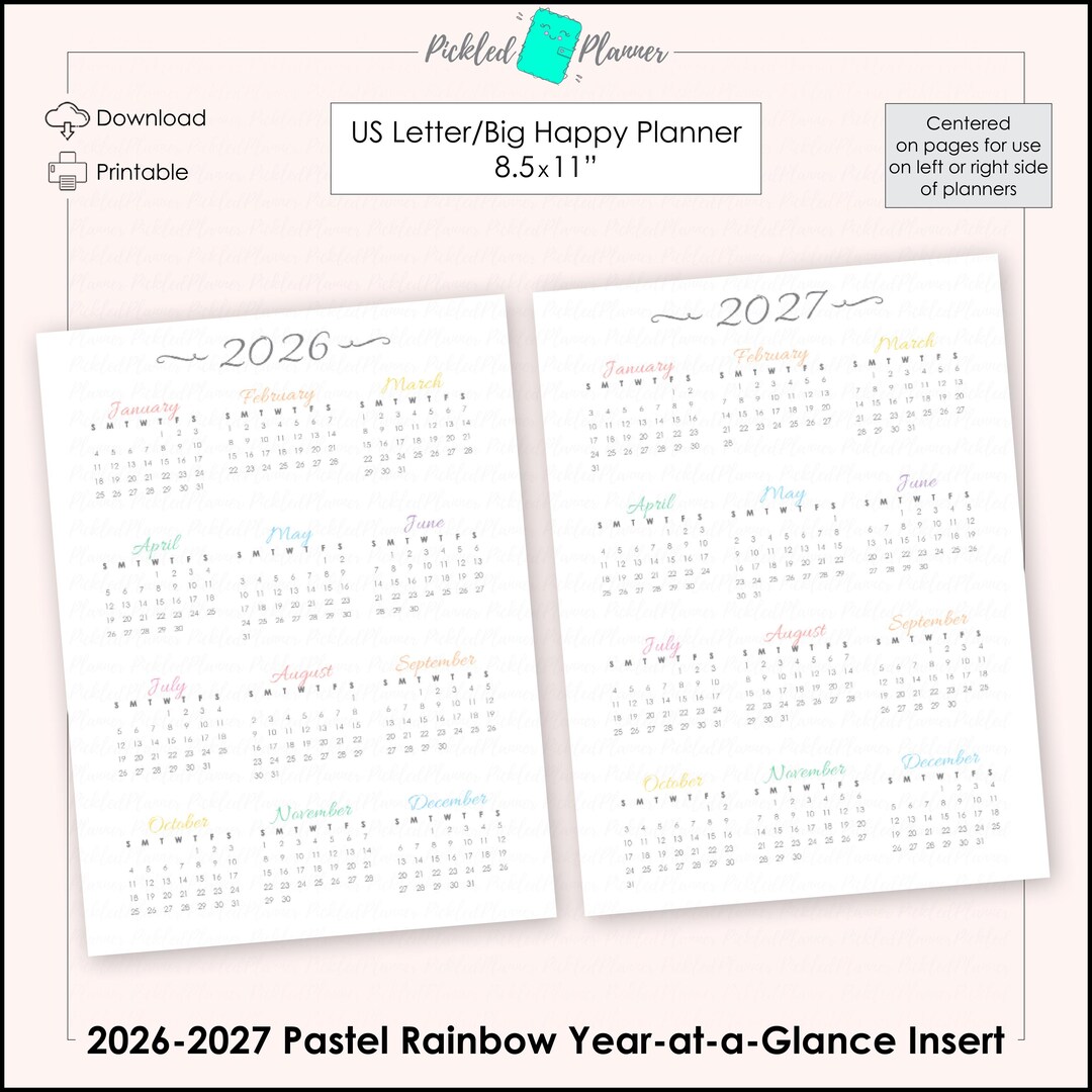 NEW! Centered Pastel Rainbow 2026-2027 Dated Year-at-a-glance Month ...