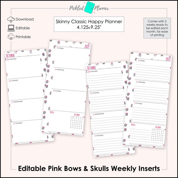 Editable Pink Bows & Skulls Undated Horizontal Weekly Planner - Etsy