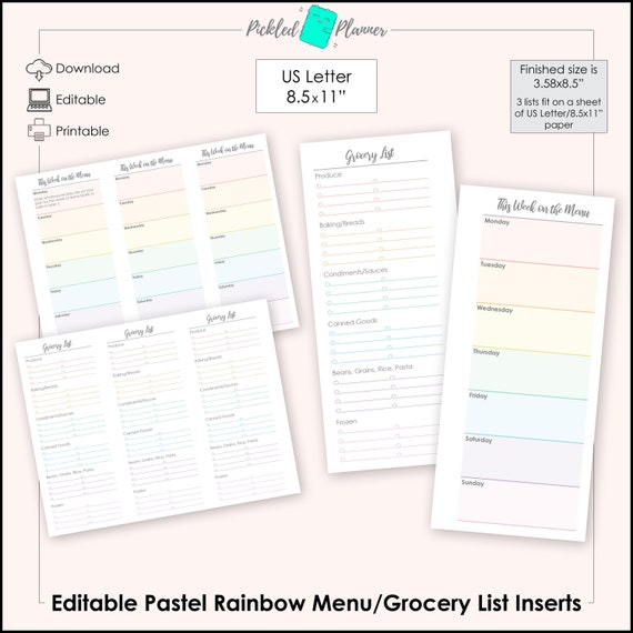 Editable Pastel Rainbow Menu/meal Planner & Grocery List | Etsy
