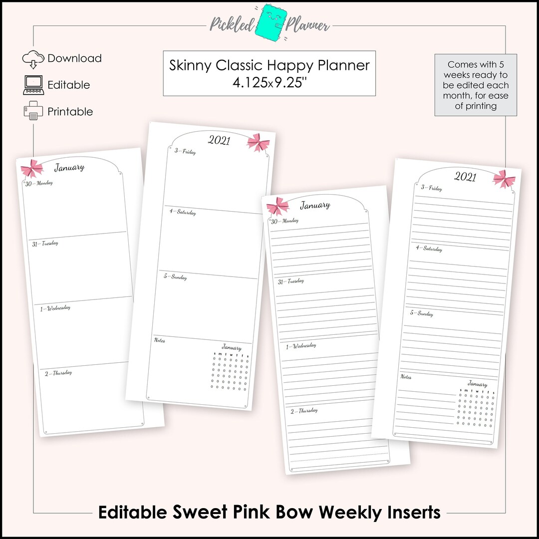 Editable Sweet Pink Bow Undated, Horizontal Weekly Planner Printable ...