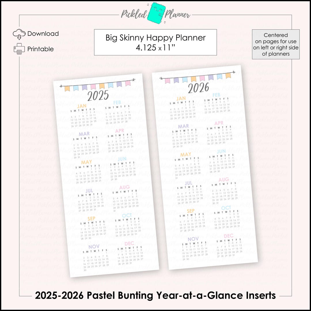 Centered Pastel Bunting 2025-2026 Dated Year-at-a-glance Month Planner ...