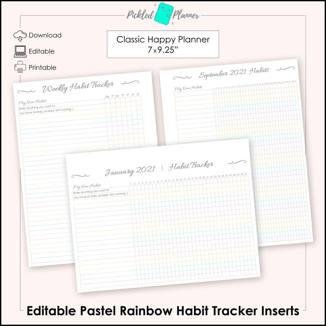 Editable Pastel Rainbow Habit Tracker Printables 7x9.25 Classic Happy ...