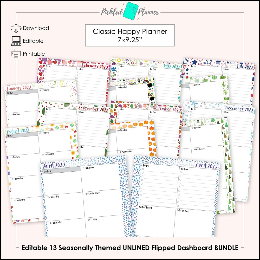 Editable UNLINED Flipped Dashboard Weekly 13 Seasonally Themed Planner ...