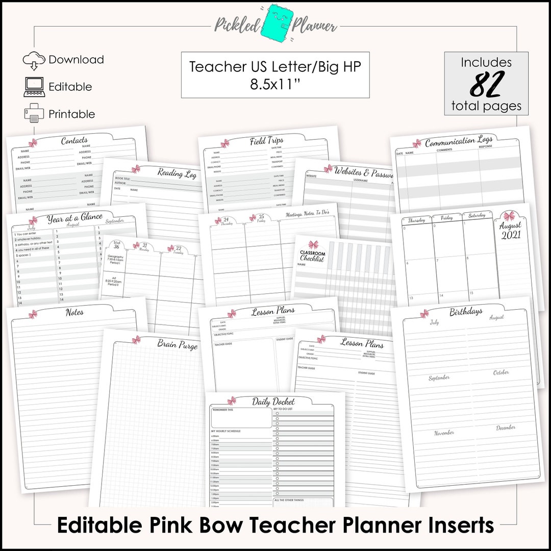 IMPROVED! 82 Total Pages - Editable Pink Bow Undated Teacher/homeschool ...