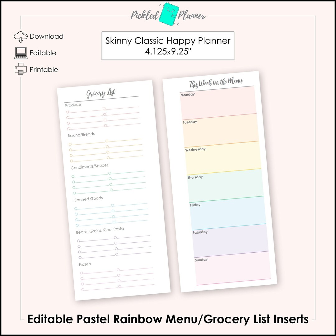 Editable Pastel Rainbow Menu/meal Planner & Grocery List Printable - 4 ...