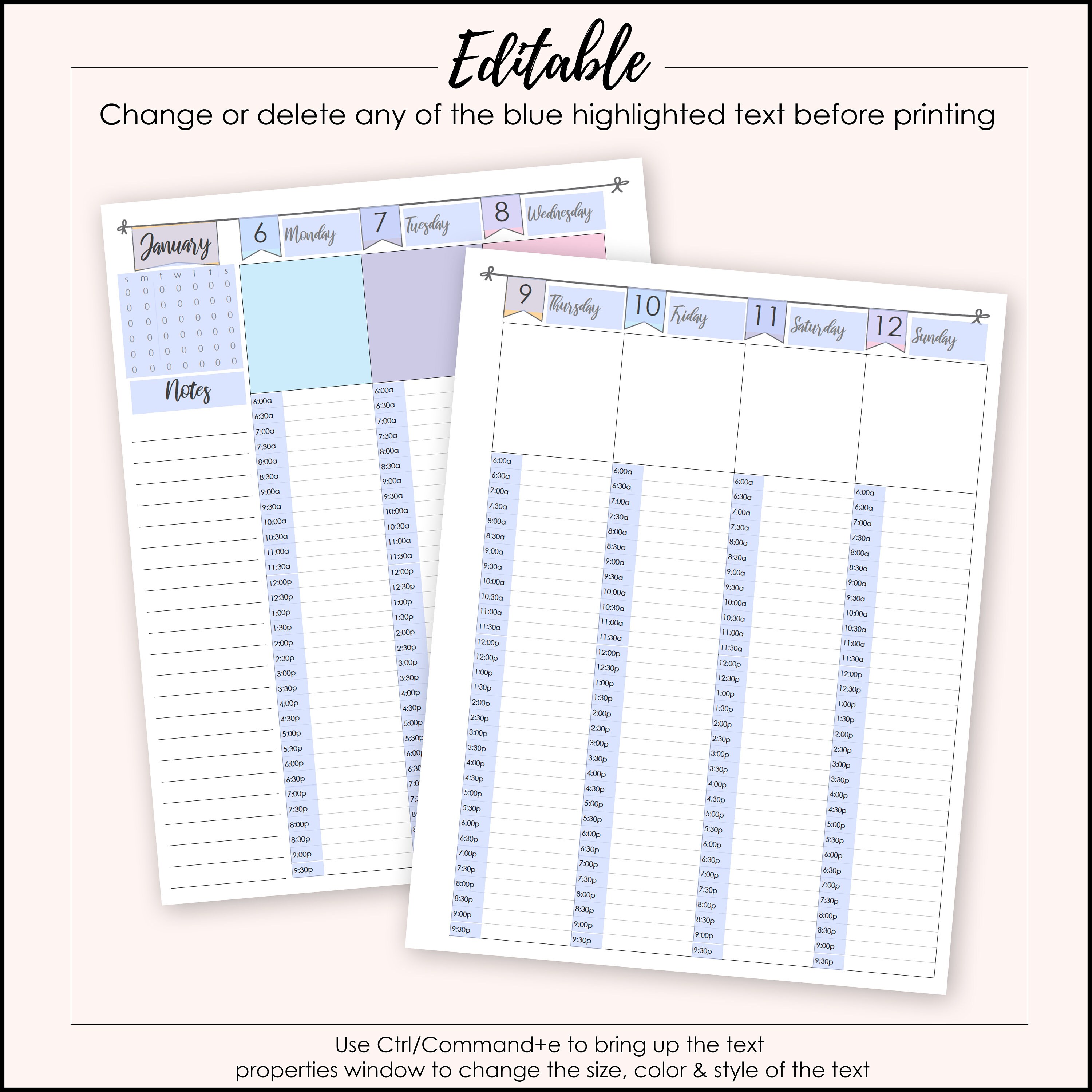 Editable Pastel Bunting Times LINED Undated, Vertical Weekly Planner ...