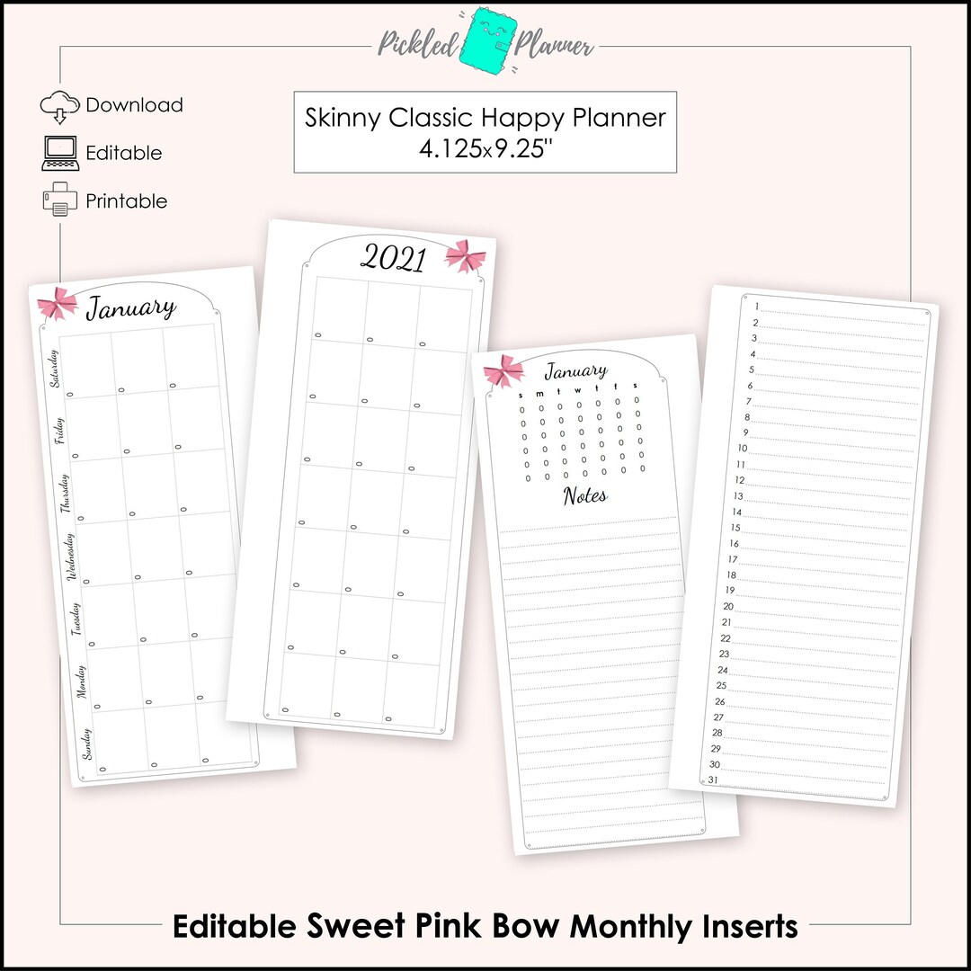 Editable Sweet Pink Bow Undated, Perpetual Monthly Planner Printables 4 ...