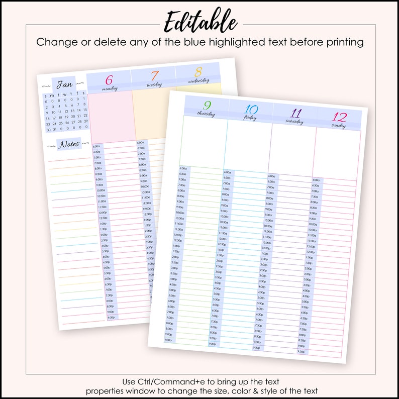 Editable Bright Rainbow Hourly LINED Undated, Vertical Weekly Planner ...