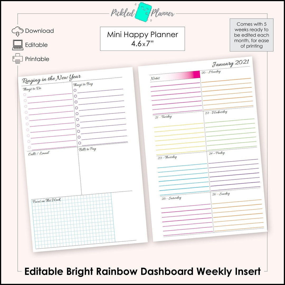 Mini Editable Bright Rainbow Undated, Dashboard Weekly Planner ...
