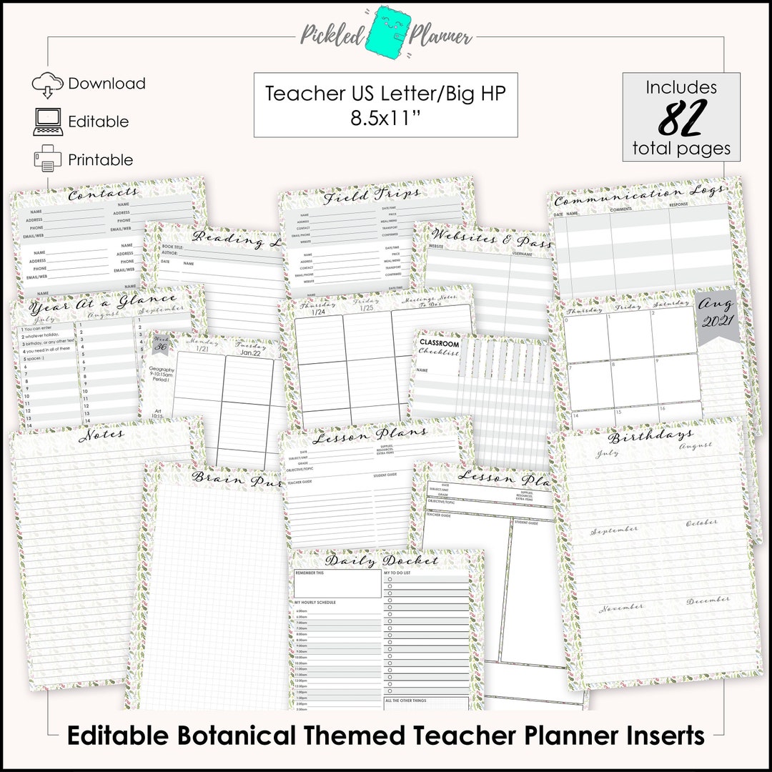 IMPROVED! 82 Total Pages - Editable Botanical Undated Teacher ...