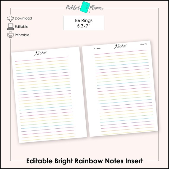 Editable Bright Rainbow Notes Planner Printable 5.3x7 | Etsy