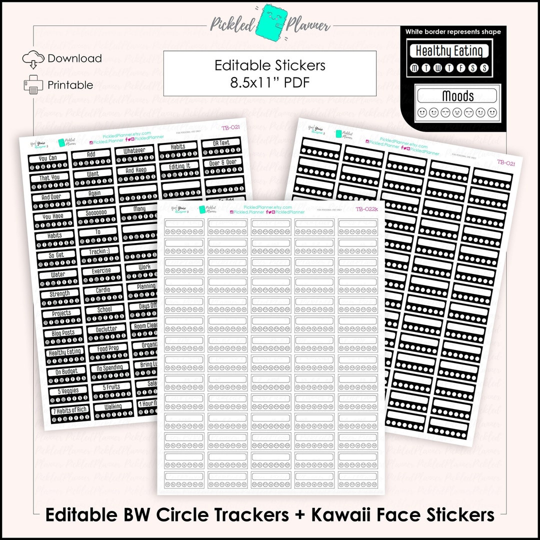 Editable Black & White/clear Habit Tracker Printable Sticker Sheets ...
