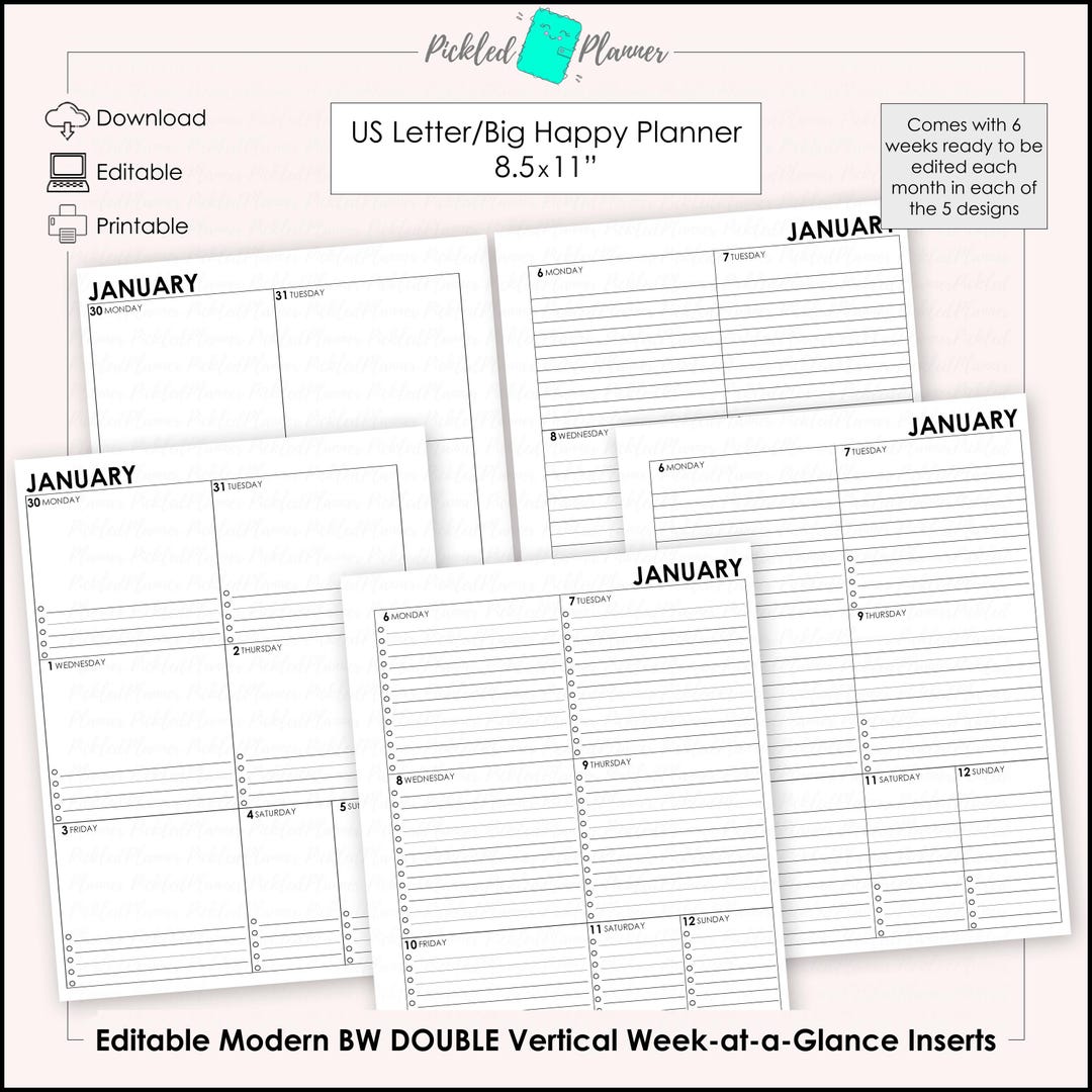 NEW! Editable Modern Black & White Undated, DOUBLE Vertical Week-at-a ...