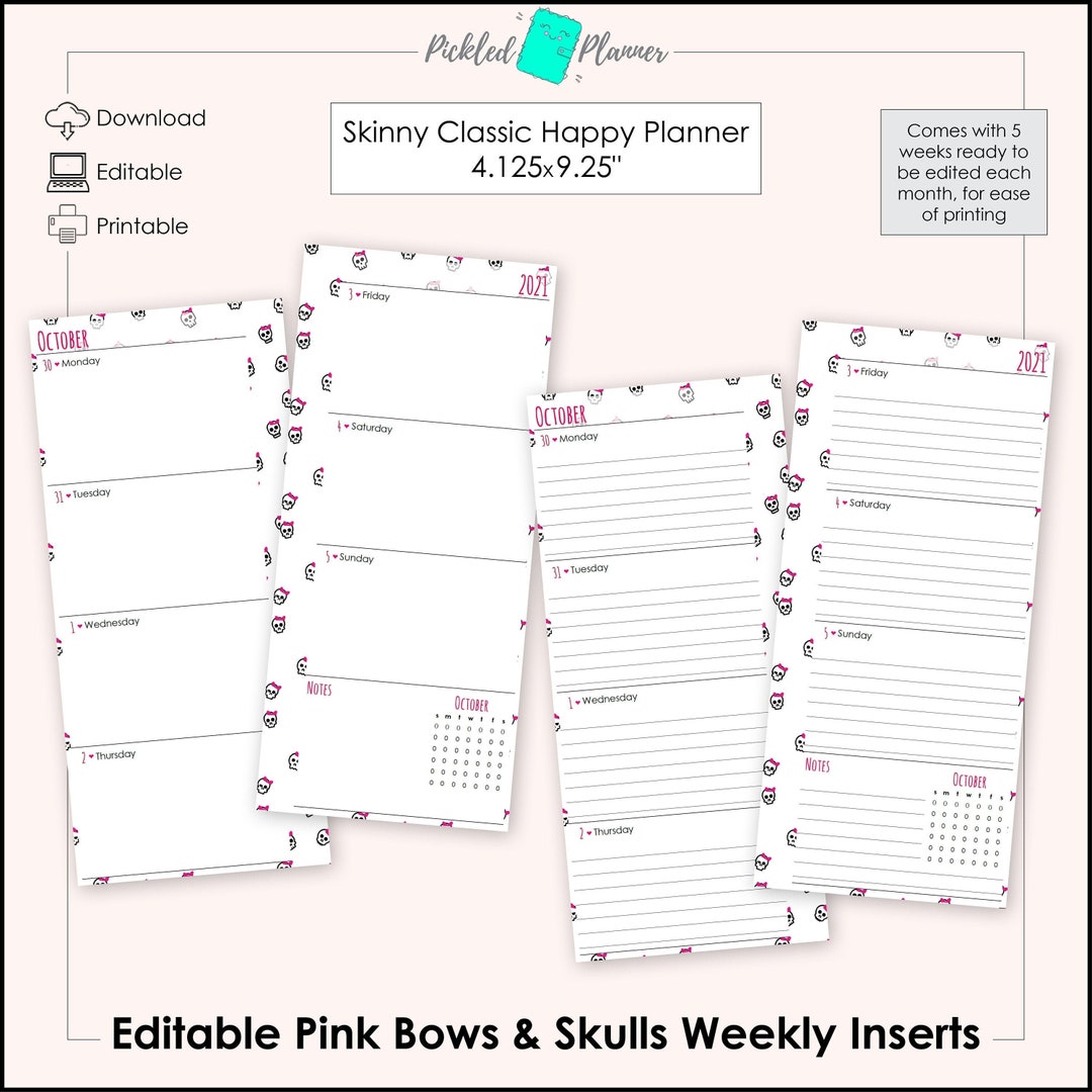 Editable Pink Bows & Skulls Undated, Horizontal Weekly Planner ...