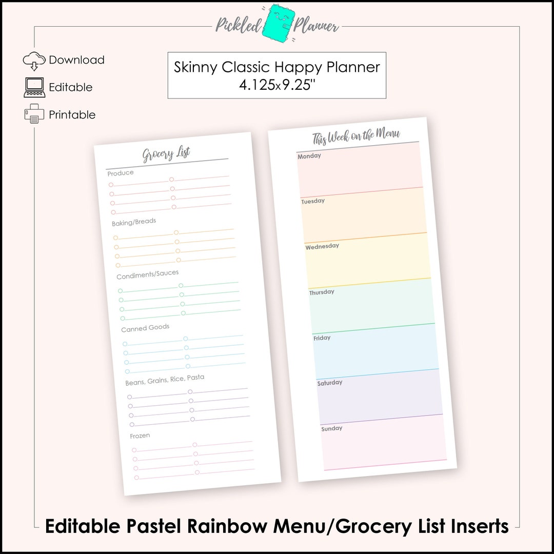 Editable Pastel Rainbow Menu/meal Planner & Grocery List - Etsy