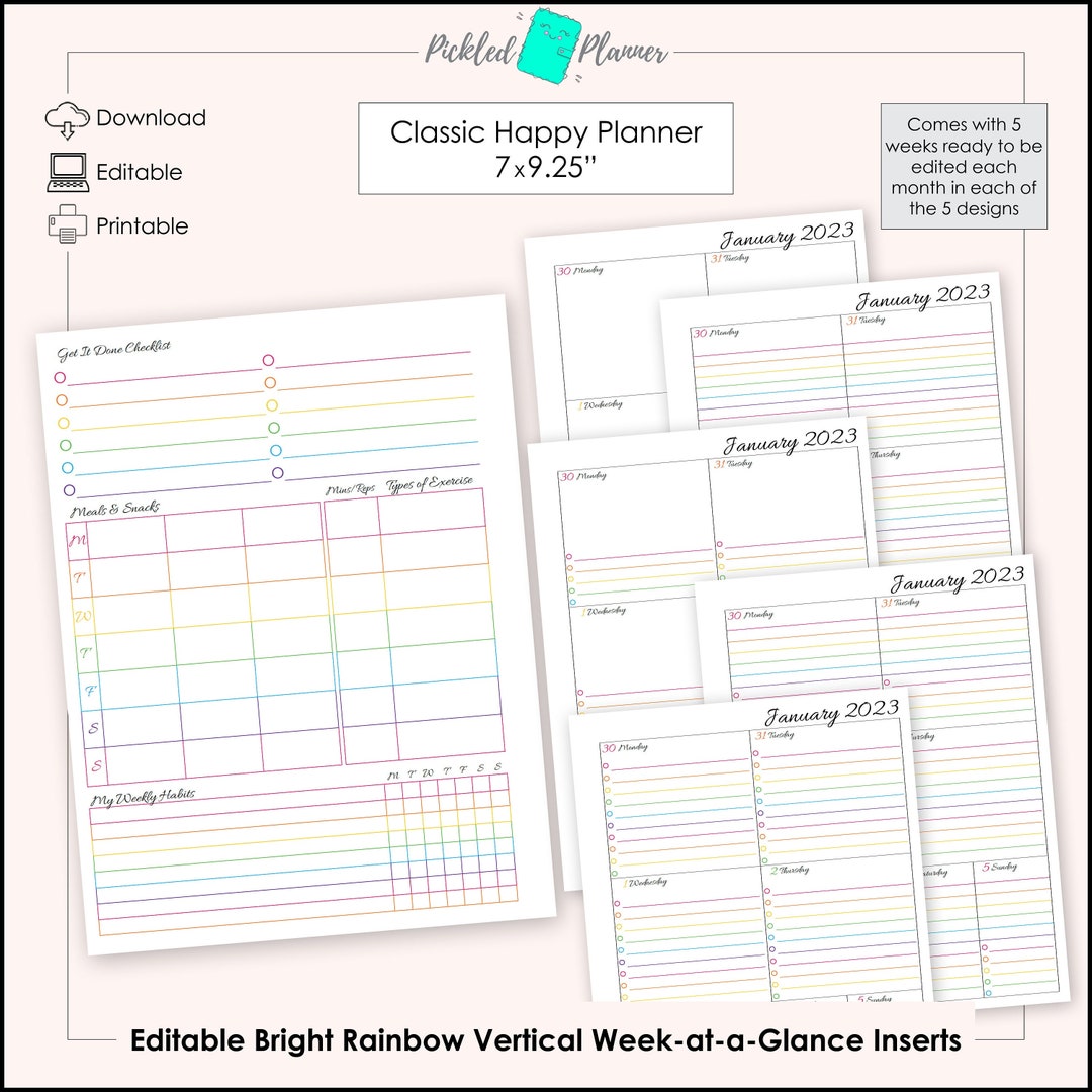Editable Bright Rainbow Undated, Vertical Week-at-a-glance Planner ...