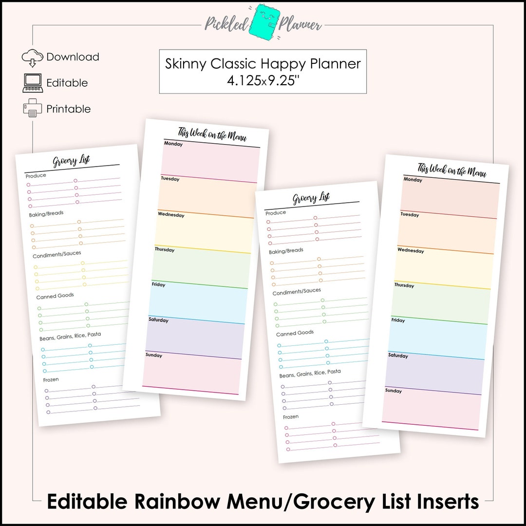 Editable Bright Rainbow Menu/meal Planner & Grocery List Printable - 4 ...