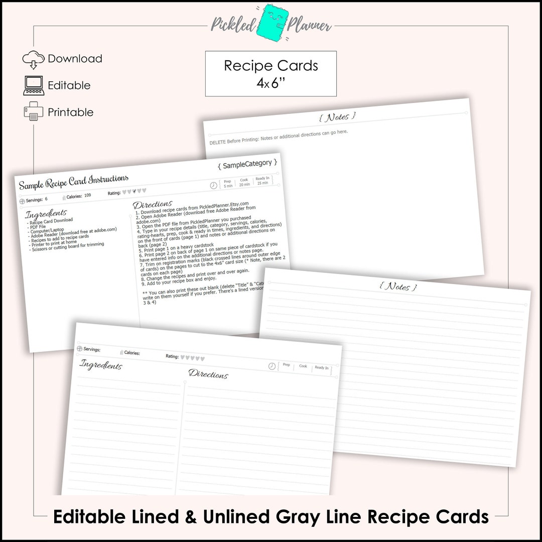 Editable Gray Line Printable Recipe Cards 4 X 6 - Etsy