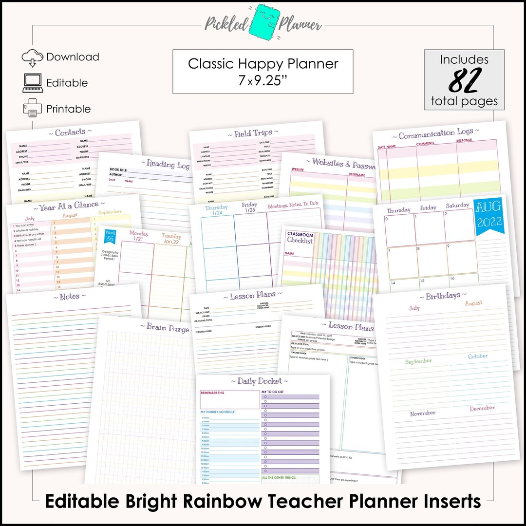 IMPROVED! 82 Total Pages - Editable Bright Rainbow Undated Teacher ...