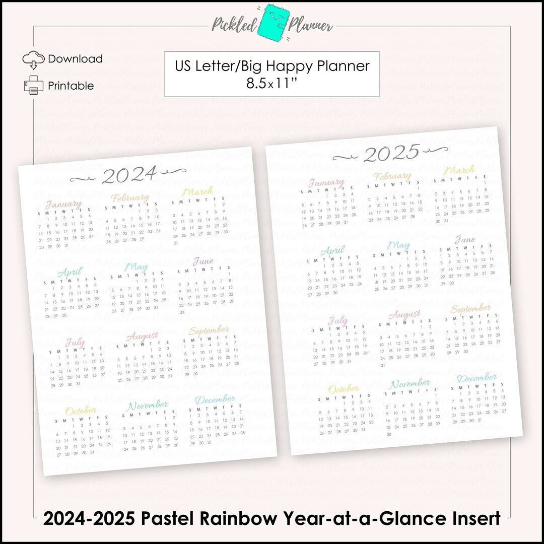 Pastel Rainbow 2024-2025 Dated Year-at-a-glance Month Planner Printable ...