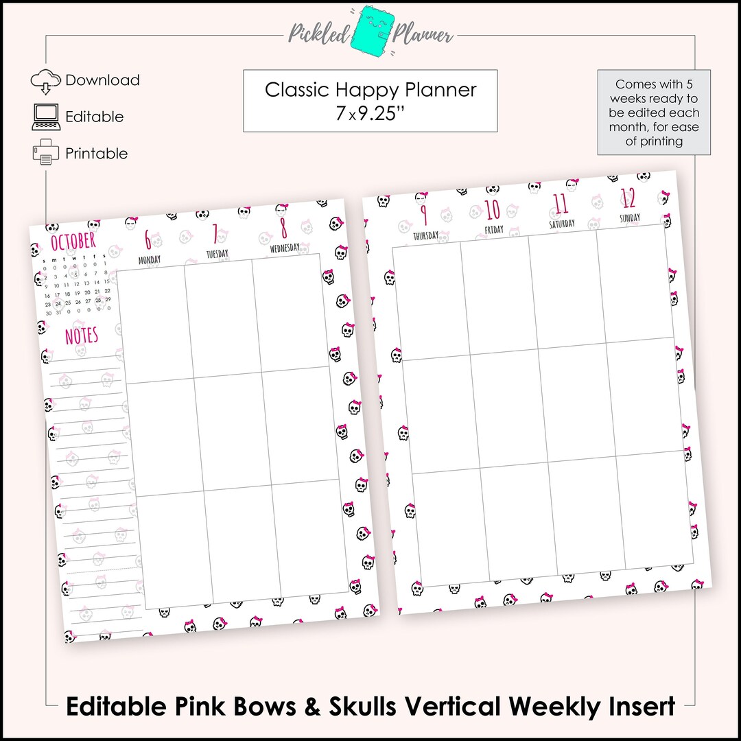 Editable Pink Bows & Skulls Undated, Weekly Vertical Planner/binder ...