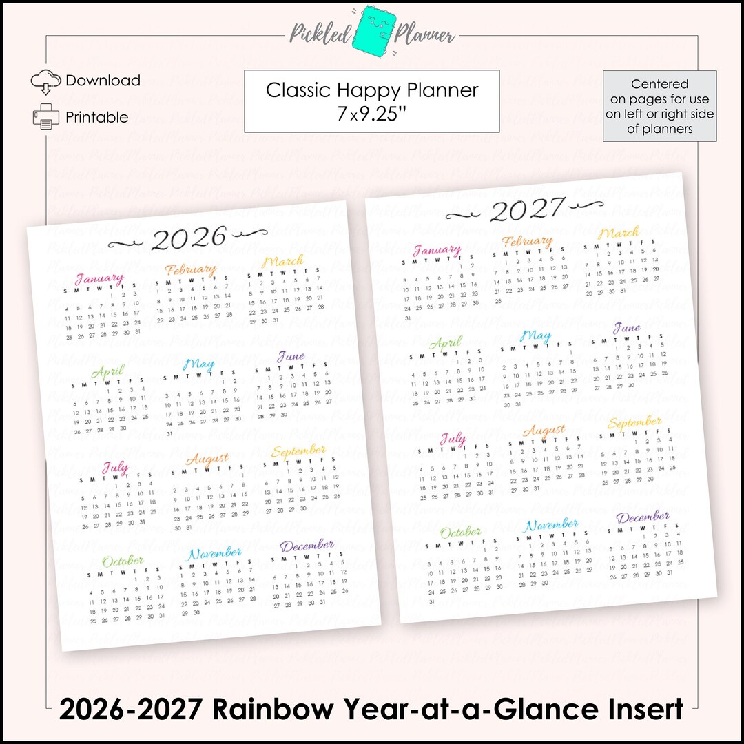 Centered Classic Bright Rainbow 2026-2027 Dated Year-at-a-glance Month ...