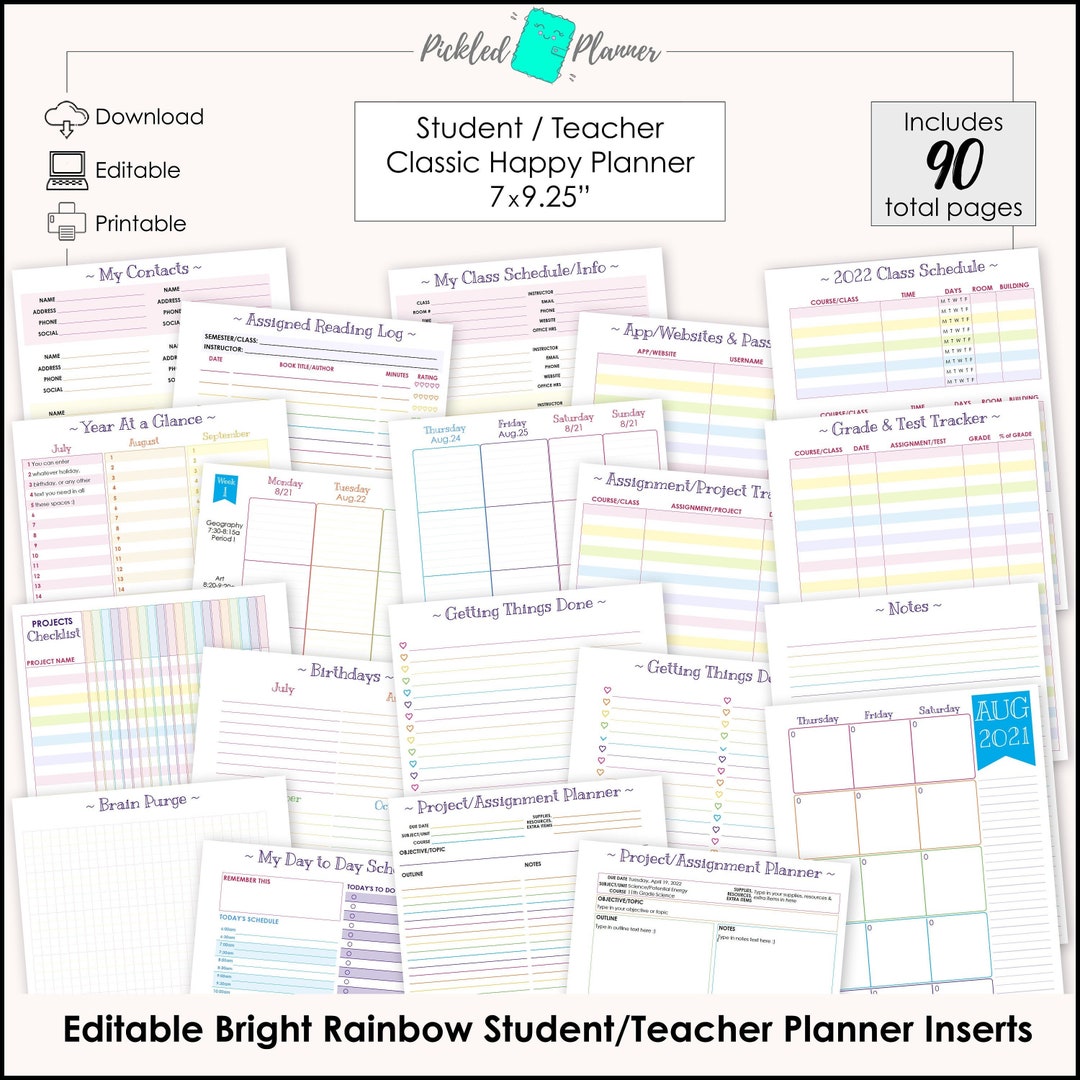 90 Total Pages! Editable Student/teacher Bright Rainbow Undated, School ...