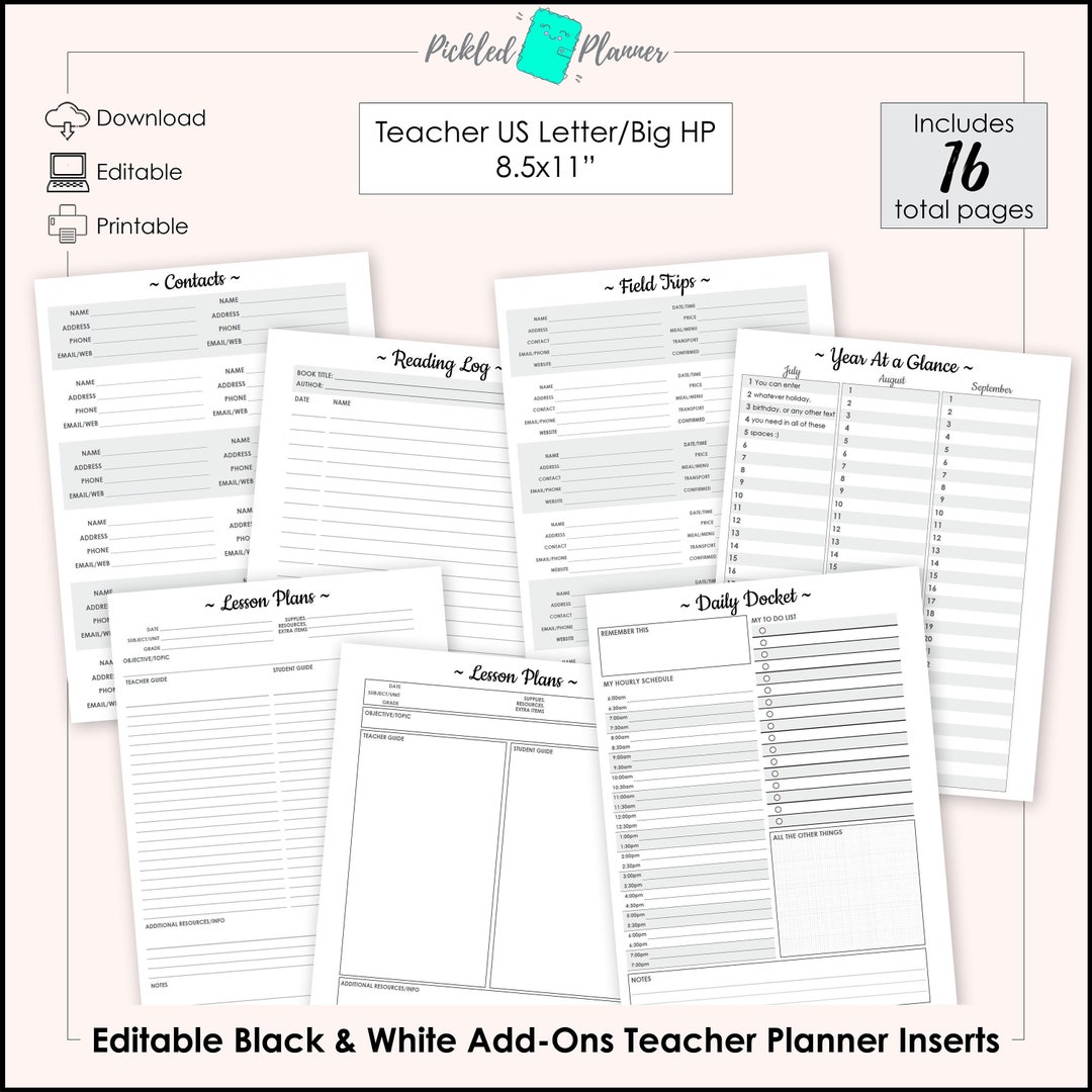 Add-ons (16 Pages) for Editable Black & White Teacher/homeschool ...