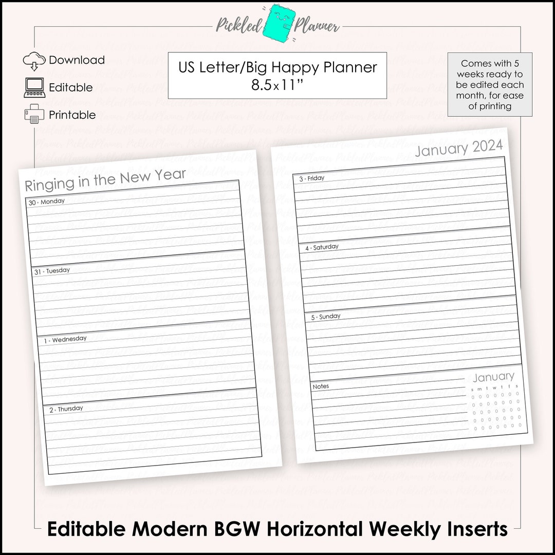 Editable Modern Black, Gray & White Undated, Horizontal Weekly Planner ...